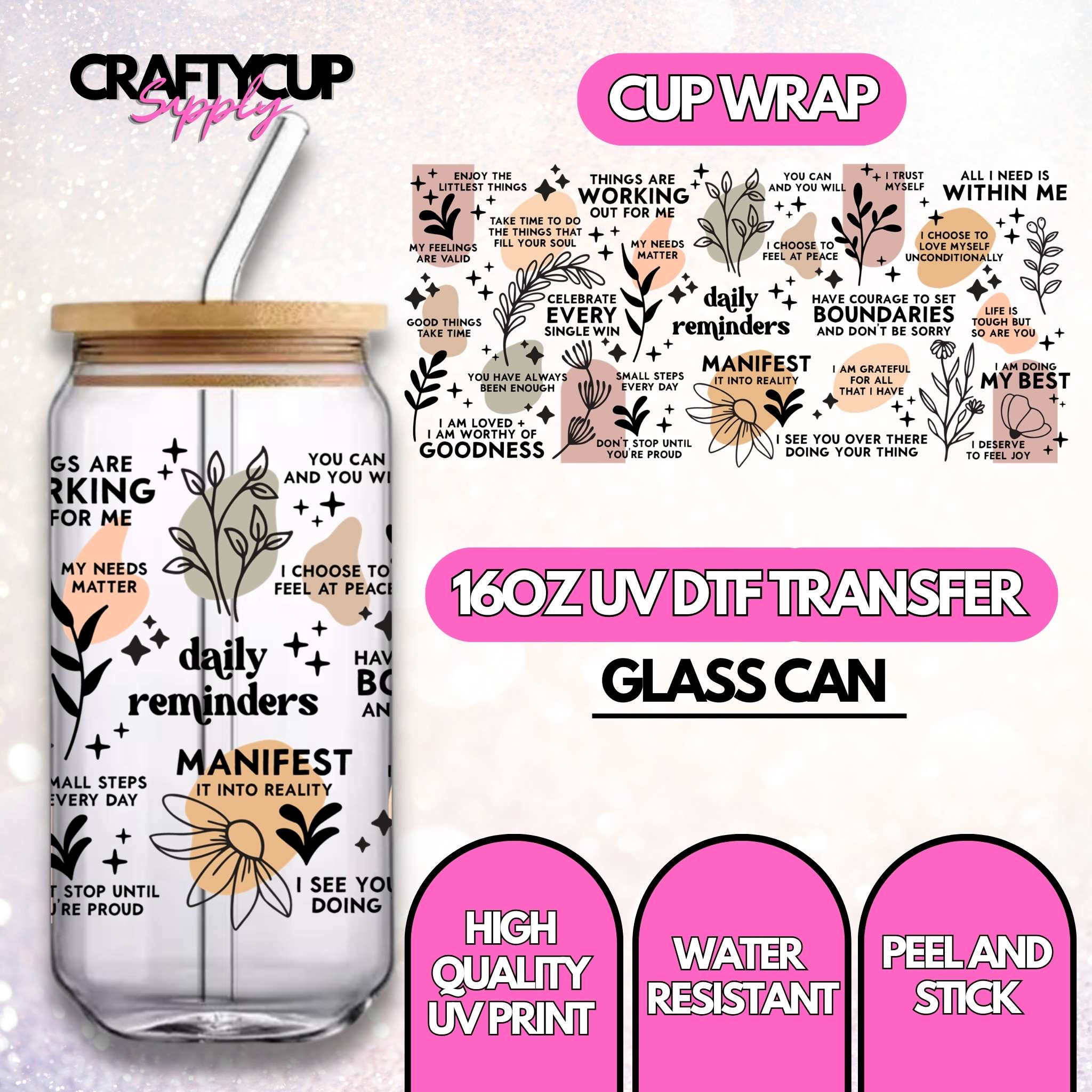 Libbey Glass Can | 16oz Bamboo Lid | UV DTF Design Vinyl Wrap – CraftyCupSupply