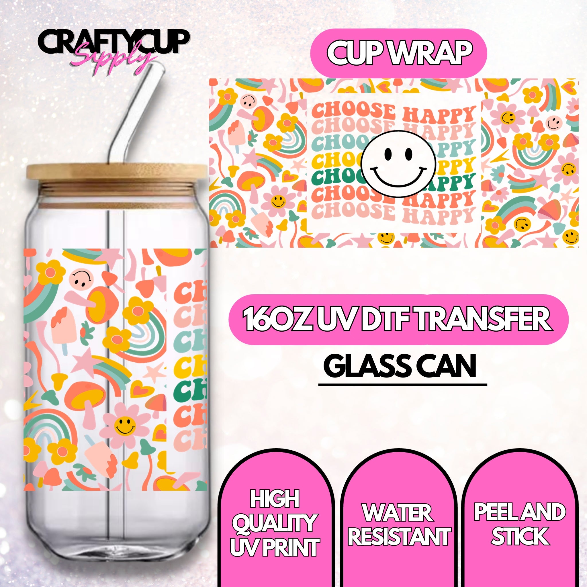 Libbey Glass Can | 16oz Bamboo Lid | UV DTF Design Vinyl Wrap – CraftyCupSupply